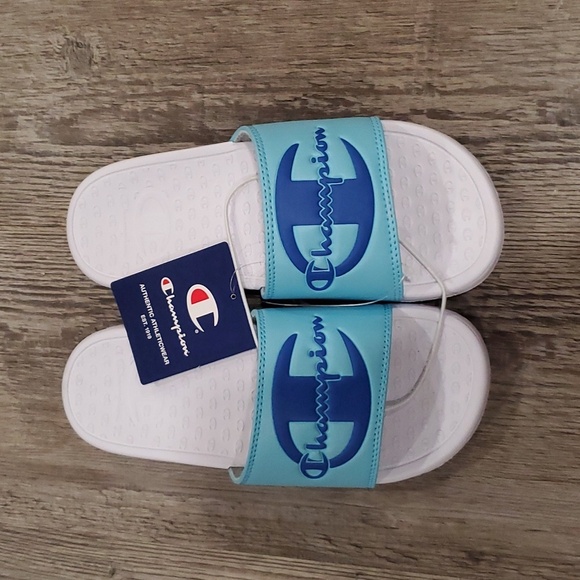 Champion | Shoes | Champion Super Slide Lock Blue Colorblock Slides ...